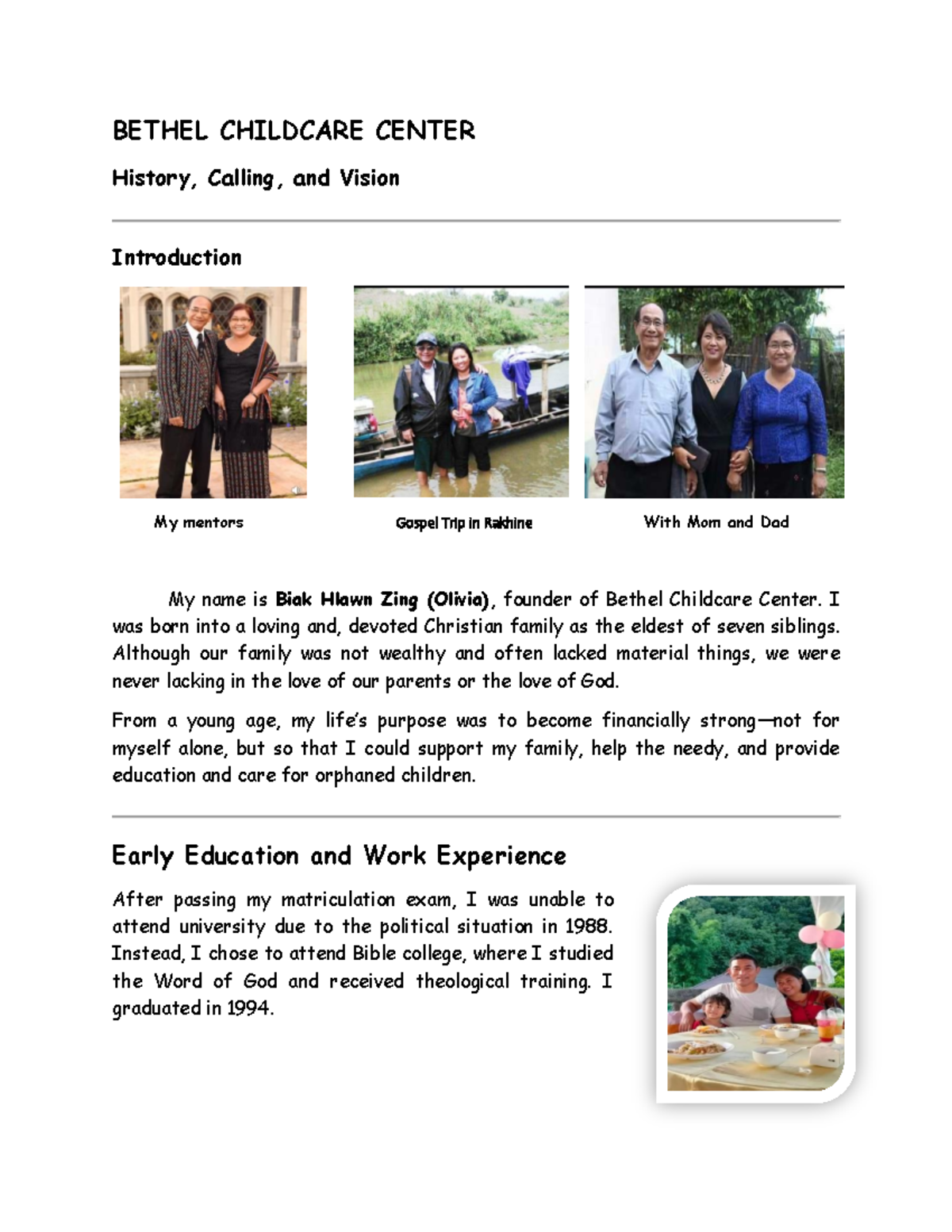 Bethel Childcare Center: History, Vision, and Mission Overview - Studocu
