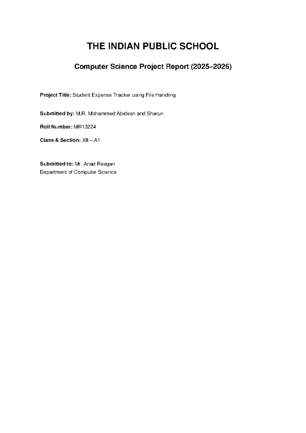XII A1 Computer Science Project: Student Expense Tracker Report - Studocu