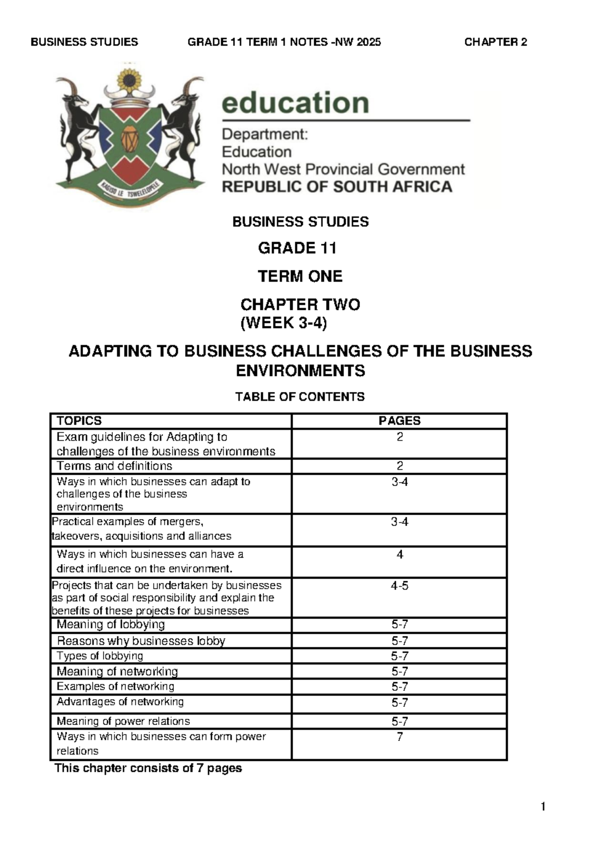BUSINESS STUDIES GRADE 11 TERM 1 NOTES 2025: CHAPTER 2 ADAPTING TO ...