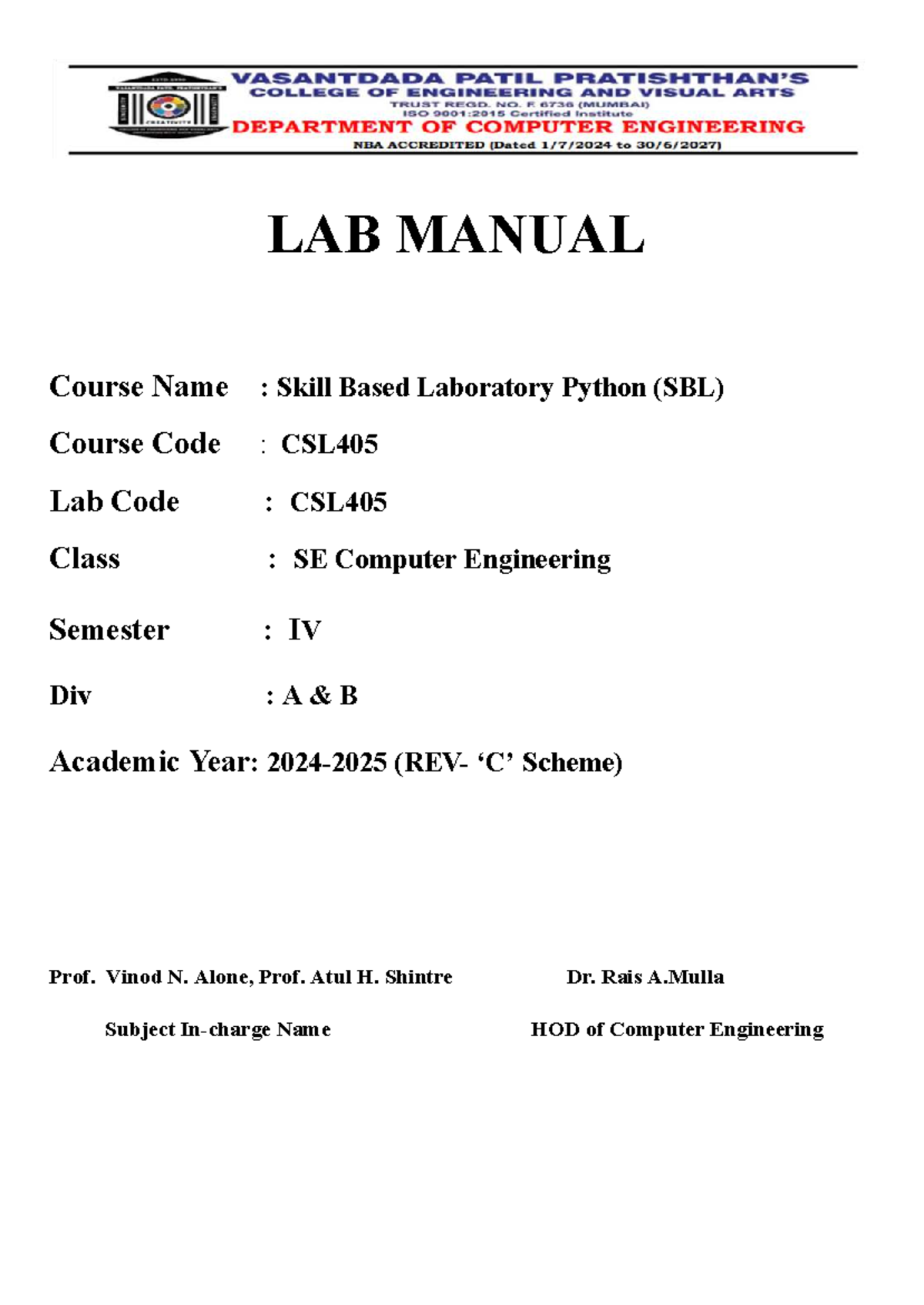 Lab Manual for Skill Based Laboratory (SBL) Python - CSL405 - Studocu