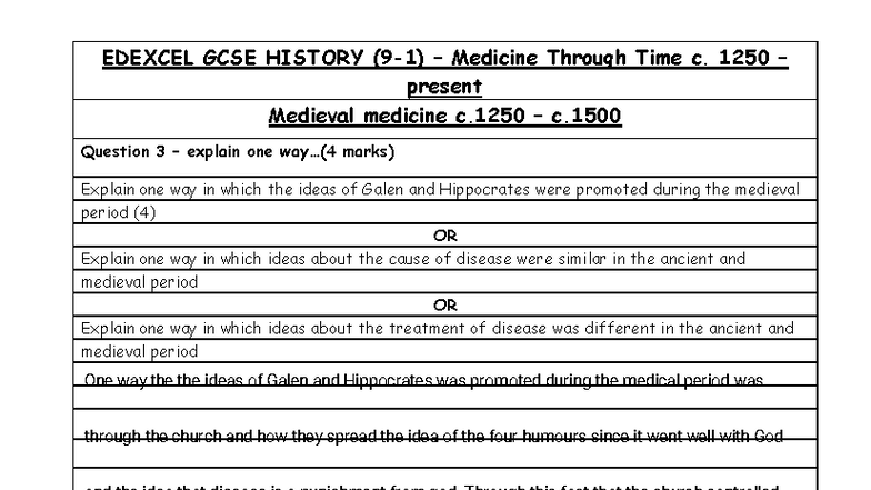 EDEXCEL GCSE HISTORY Practice Questions on Medicine Through Time - Studocu