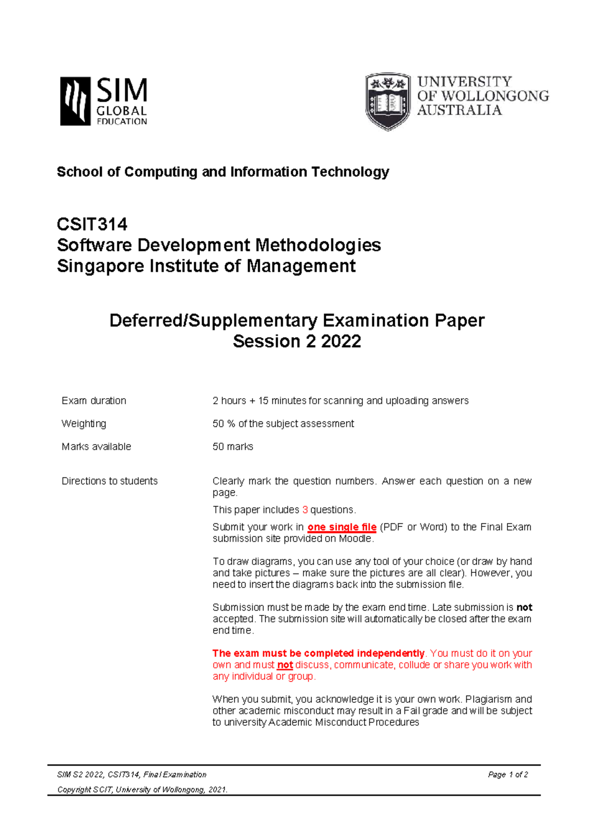 CSIT314 Final Exam Paper - Software Development Methodologies S2 2022 ...