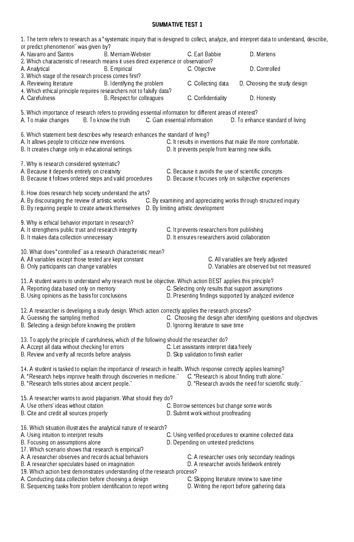 Practical Research 1 - Summative Test 1 Questions and Answers - Studocu