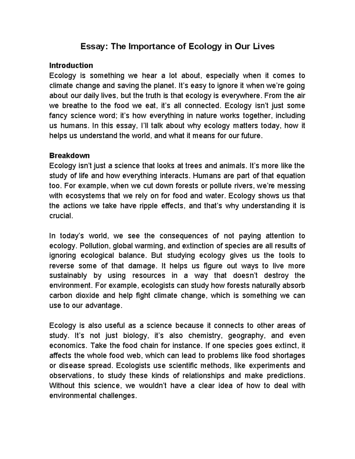 Ecology essay - Ensayo - Essay: The Importance of Ecology in Our Lives ...