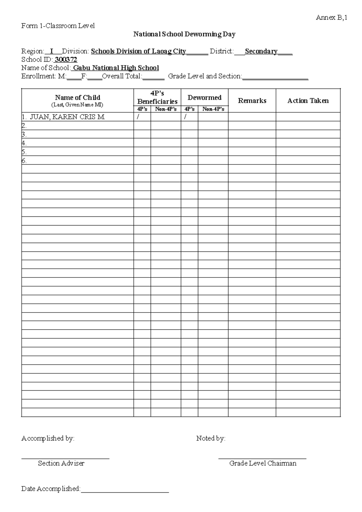 Annex 1- Deworming - Annex B, Form 1-Classroom Level National School ...