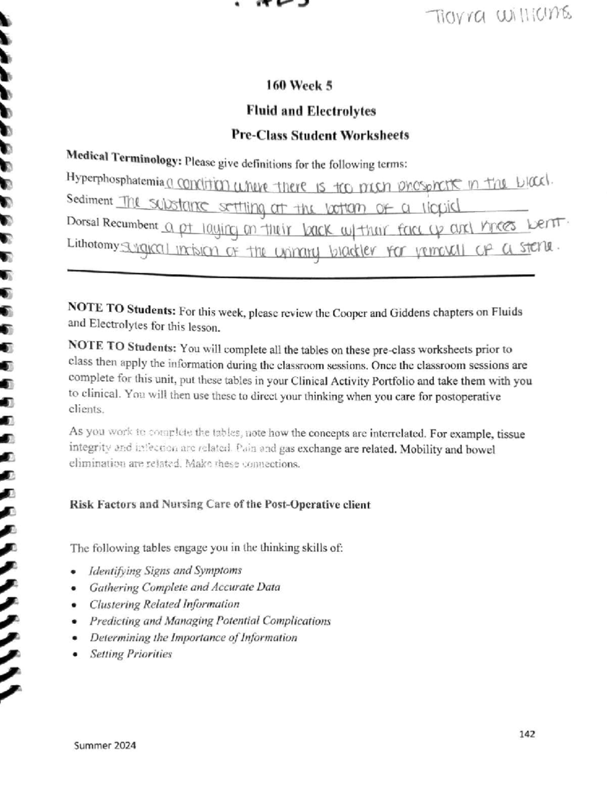 160 Week 5 - Fluid and Electrolytes Student Worksheets and Nursing Care ...