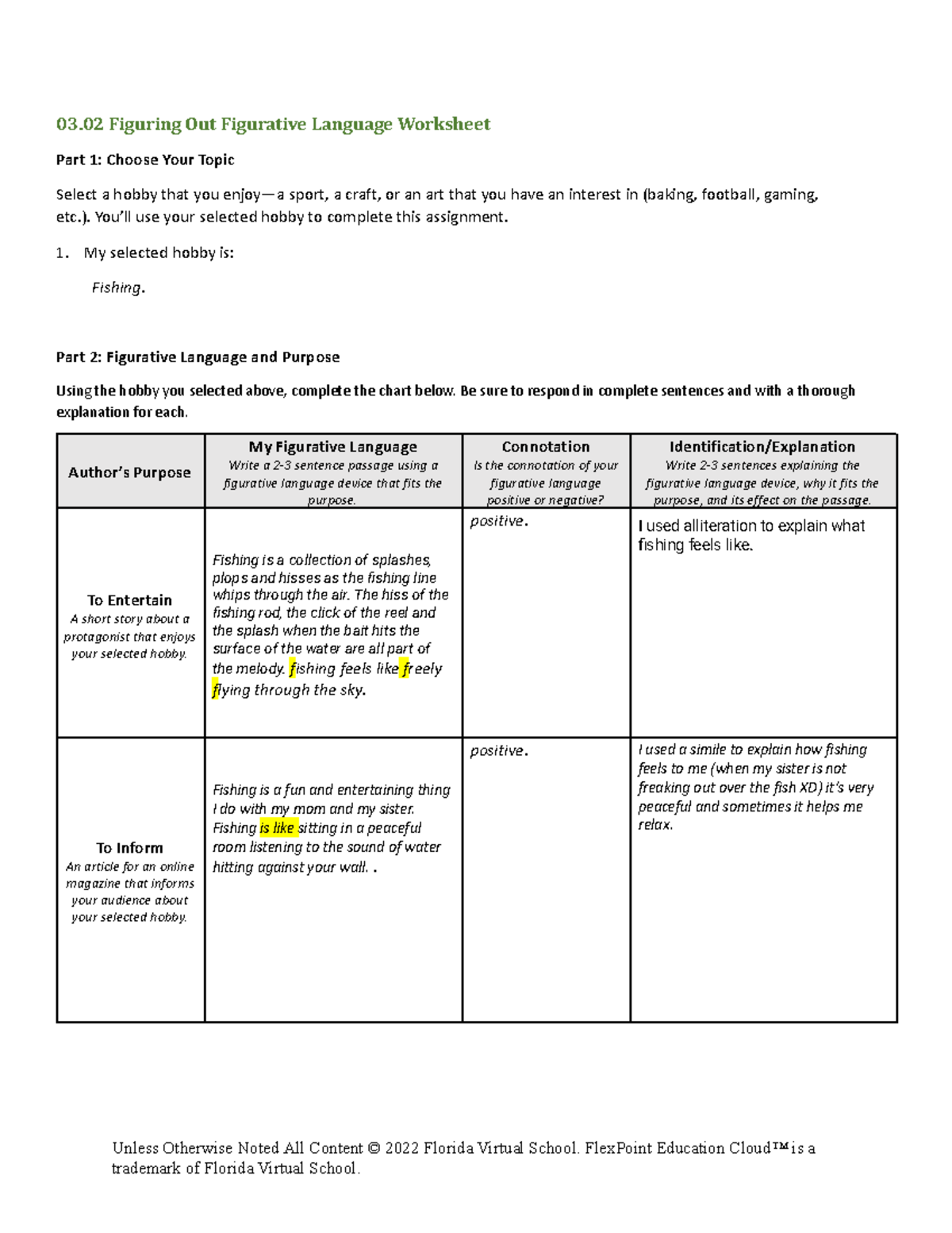 03 02 Figurative Language Worksheet: Exploring Through Hobbies - Studocu