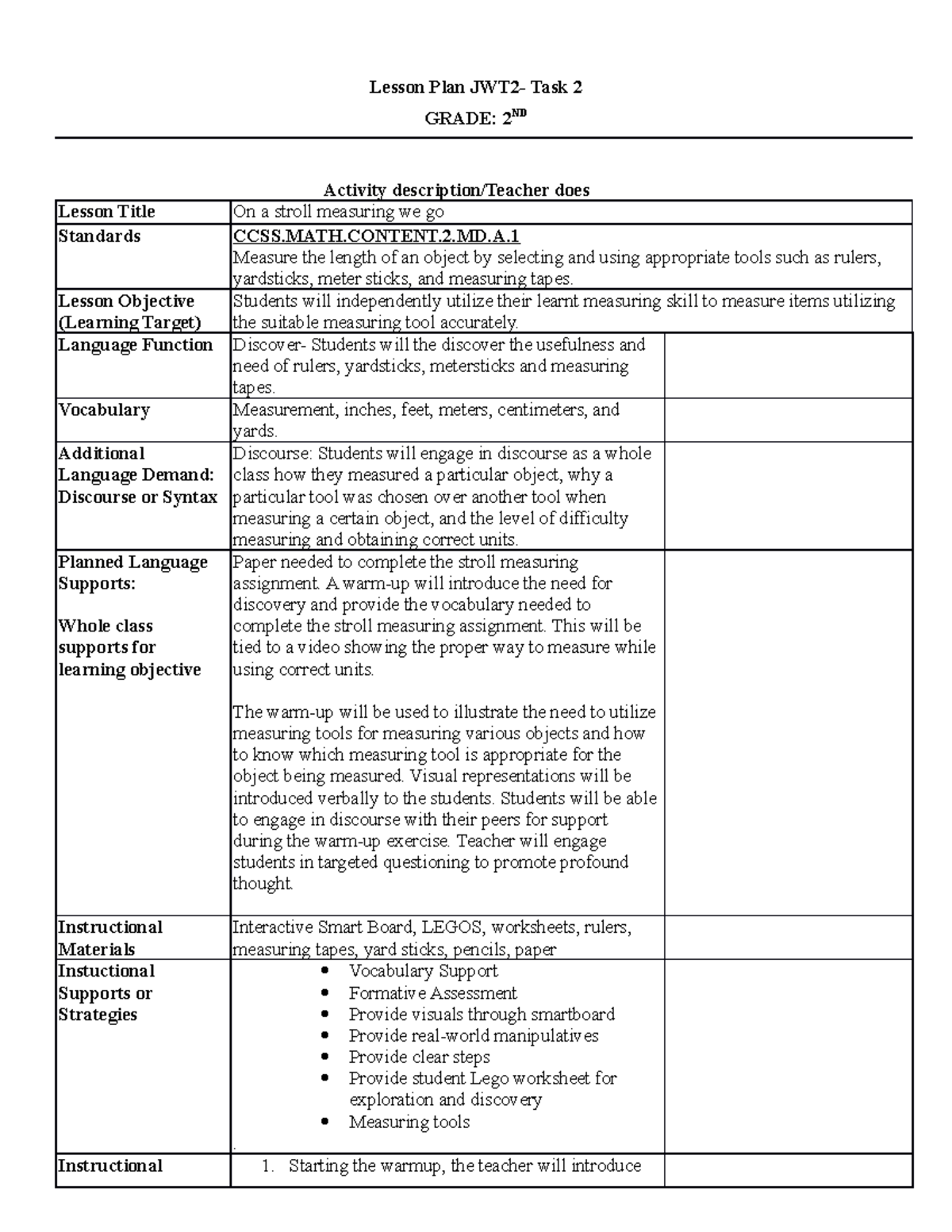 JWT2 Task 2 - Grade: A - Lesson Plan JWT2- Task 2 GRADE: 2ND Activity ...