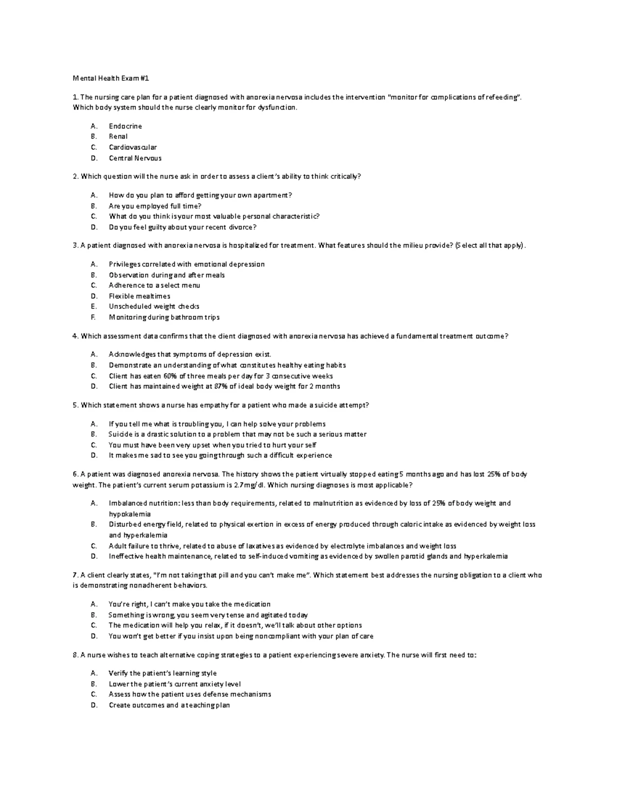 Final Exam Study Questions on Mental Health MOD 1-3 for Exam 1 - Studocu