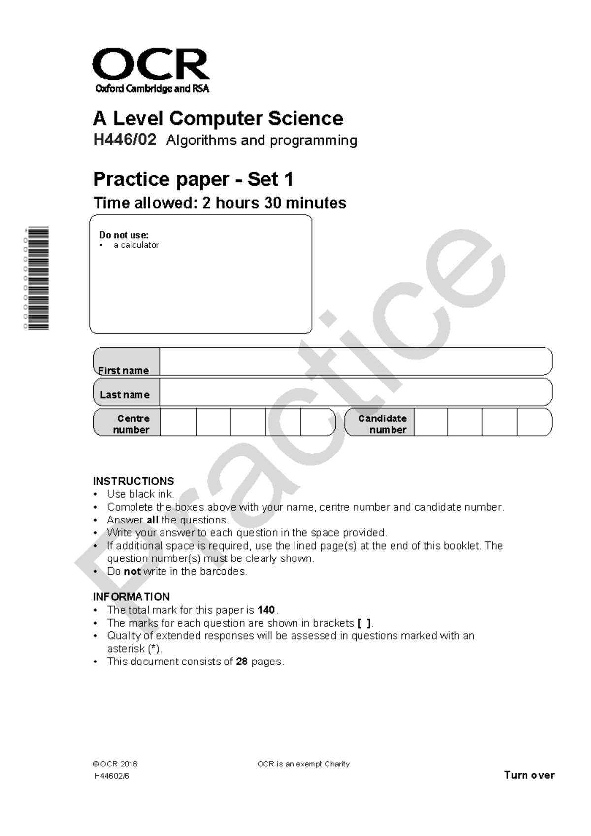 Practice Paper Set 1 Algorithms Programming - A Level Computer Science H446/02 Algorithms and ...