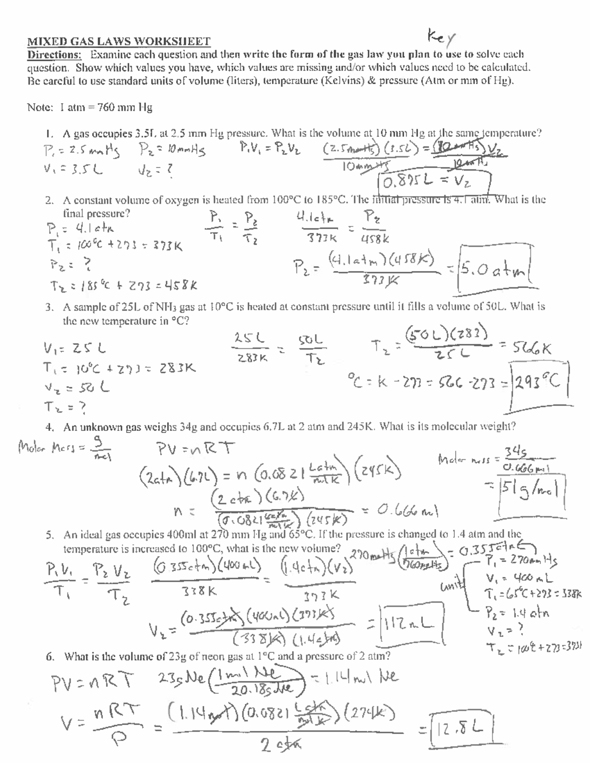 Mixed Gas Laws Worksheet - MIXED GAS LAWS WORKSHEET key Directions ...
