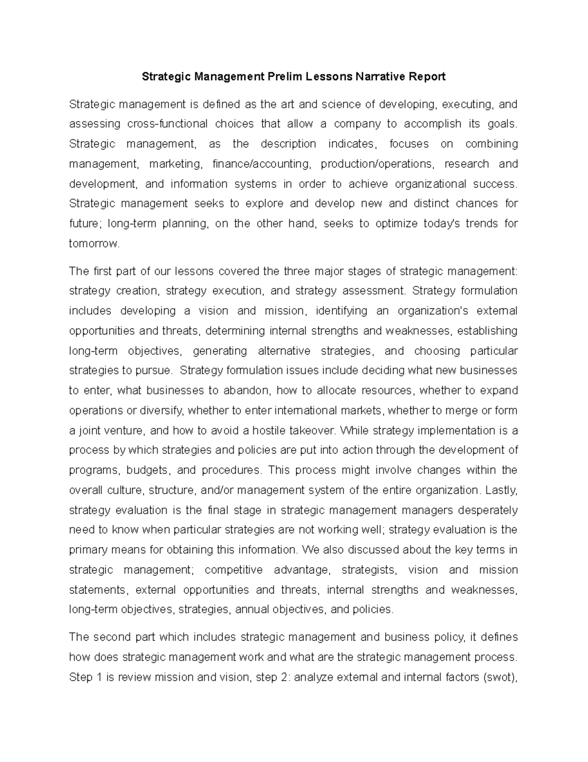 Strategic Management Prelim Lessons: A Narrative Report on Key Concepts ...