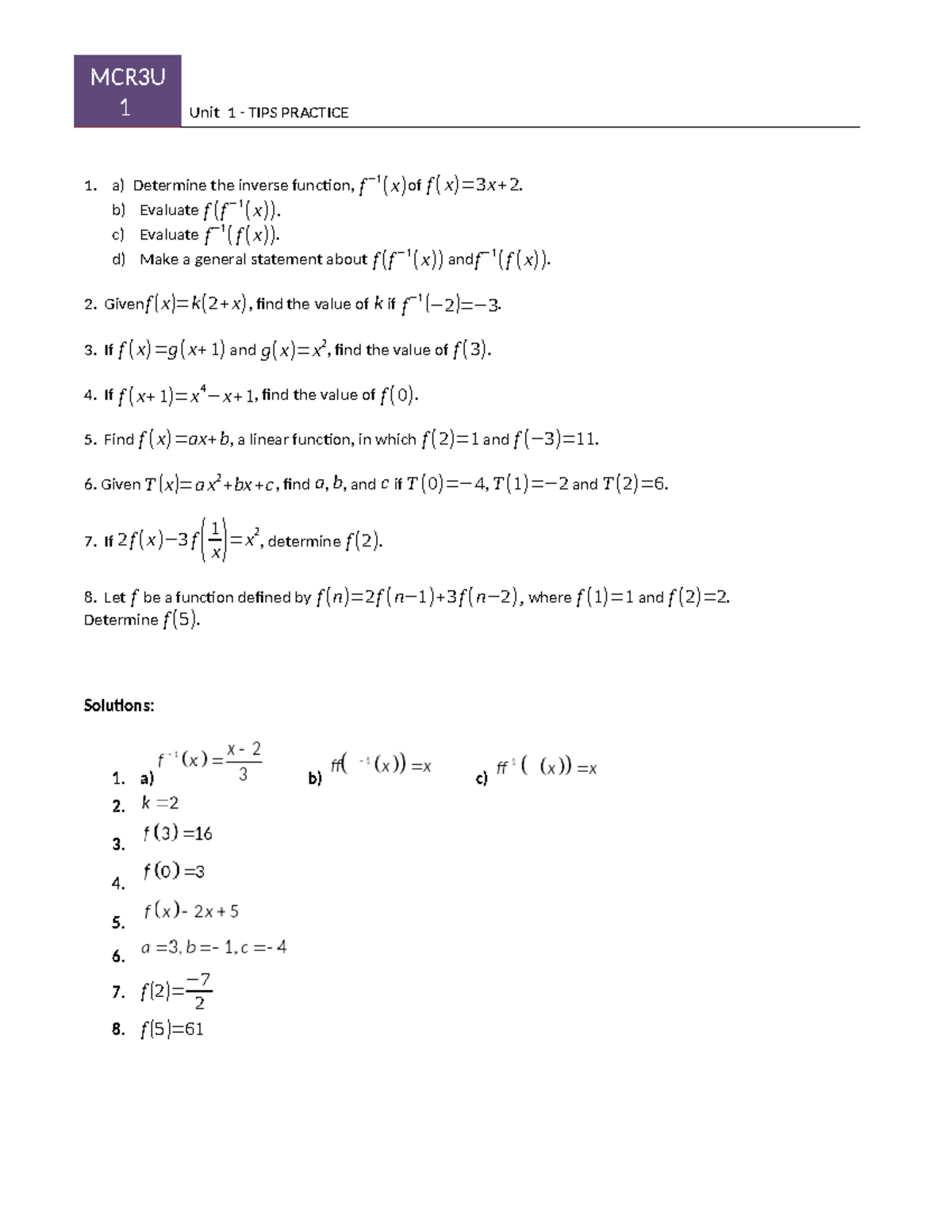 MCR3U Unit 1 - TIPS Practice & Function Inverses Summary - Studocu