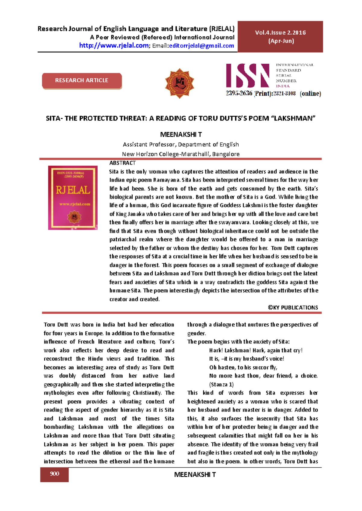 Toru Dutt's Poem "Sita": Analysis and Insights - RJELAL Vol.4 Issue 2 ...