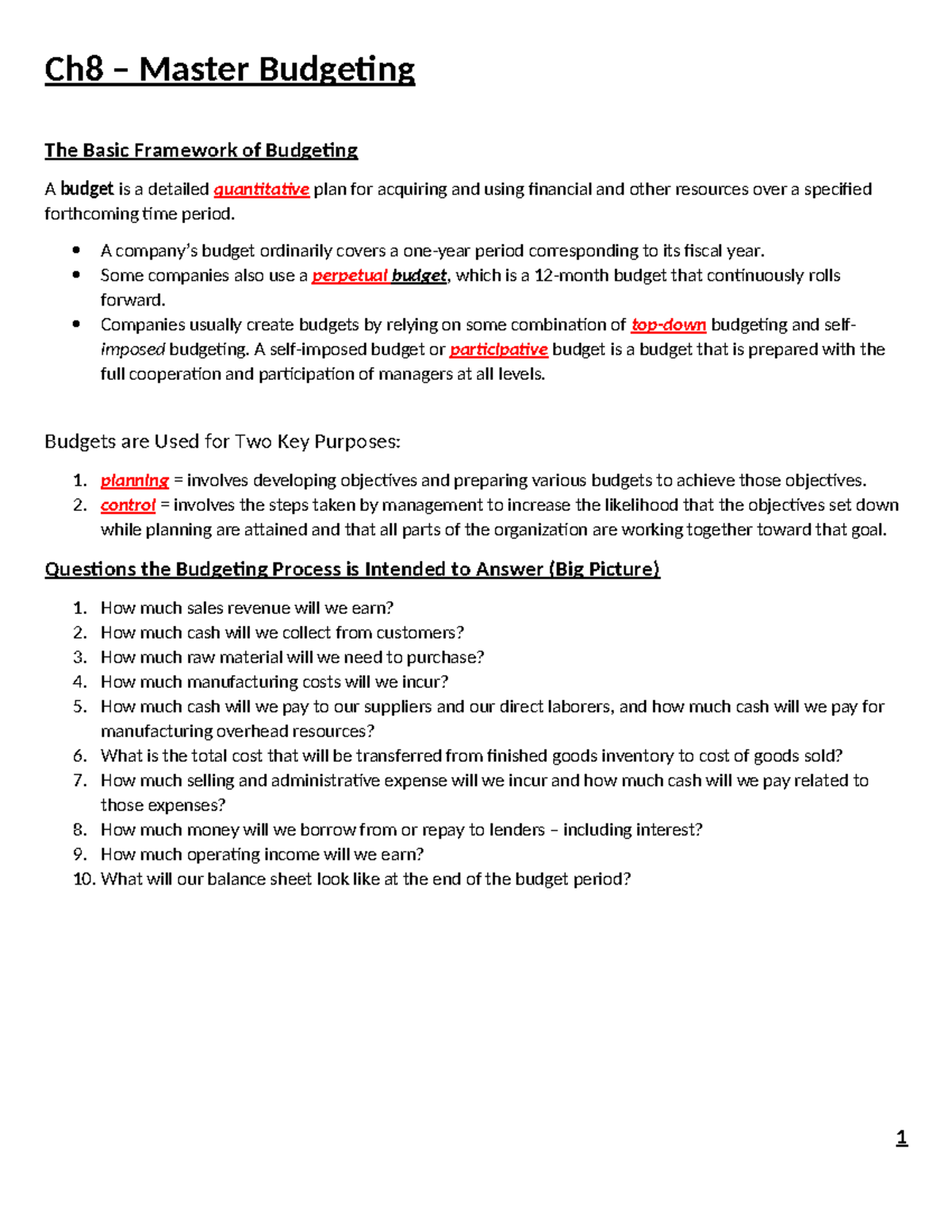 ACIS 2116 Ch8 Master Budgeting: Key Concepts and Framework - Studocu
