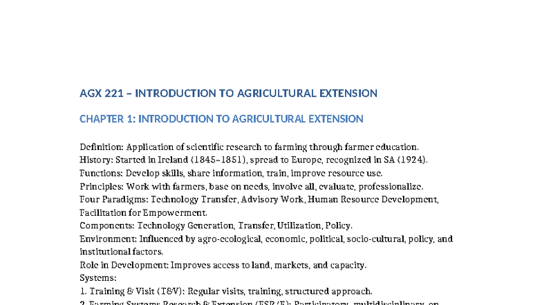AGX 221 Revision Notes: Intro to Agricultural Extension & Communication ...