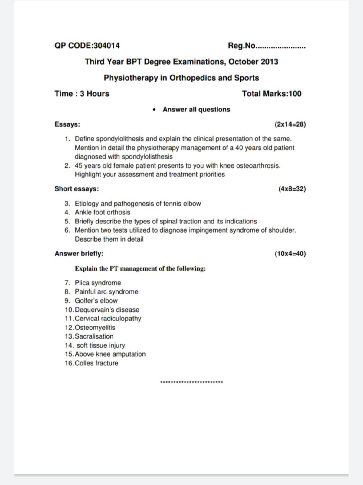Ortho Pt QP: Previous Year Exam Questions and Key Insights - Studocu