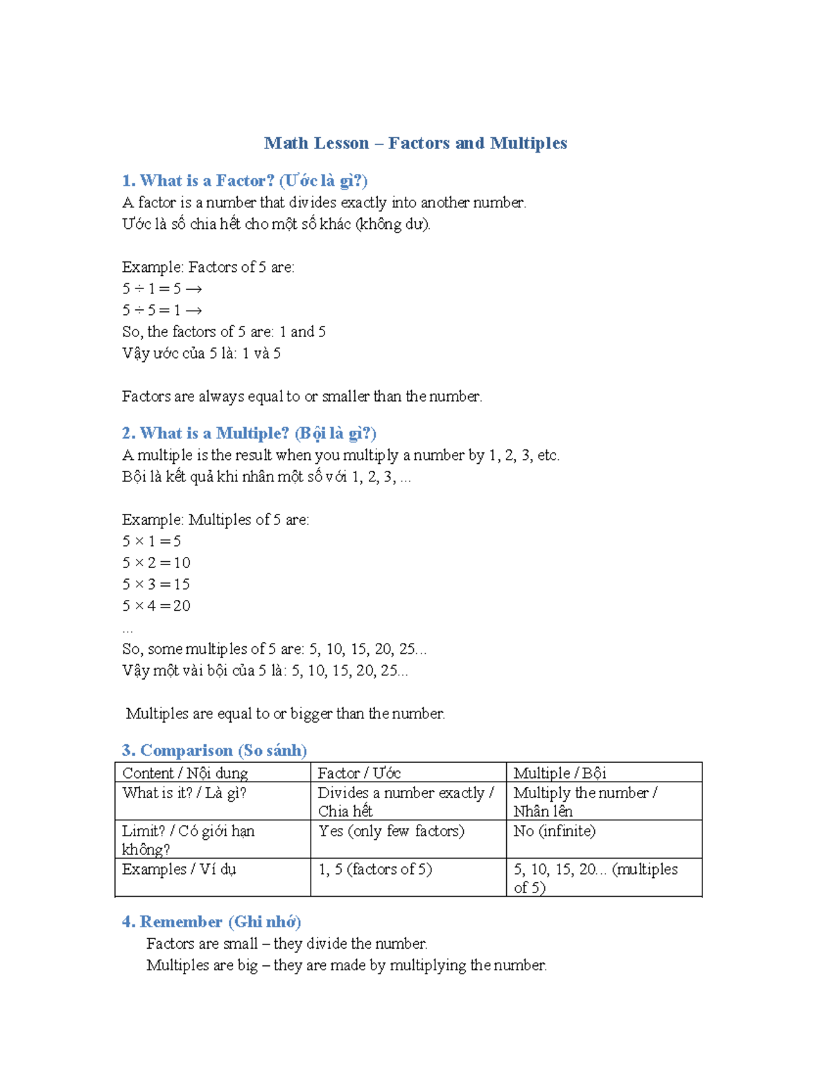 Math Lesson (MATH101) – Understanding Factors and Multiples - Studocu