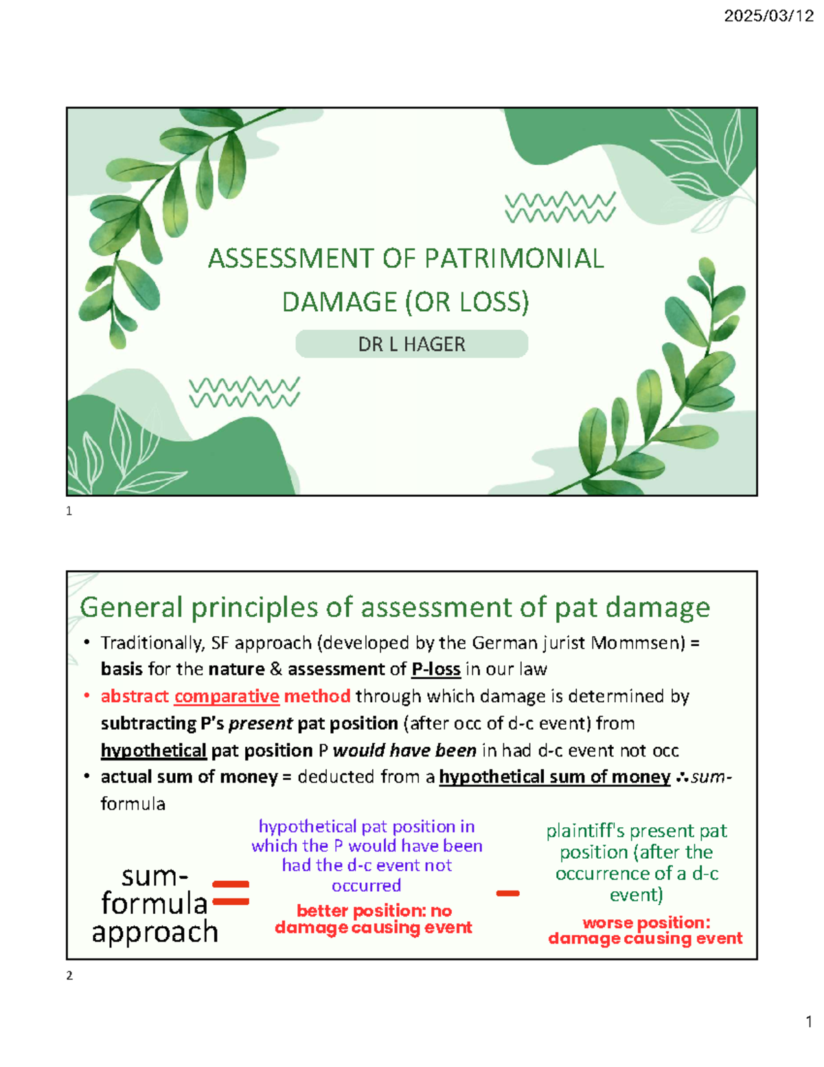 Assessment of Patrimonial Damage: Exam Notes for LAWSA 2023 - Studocu
