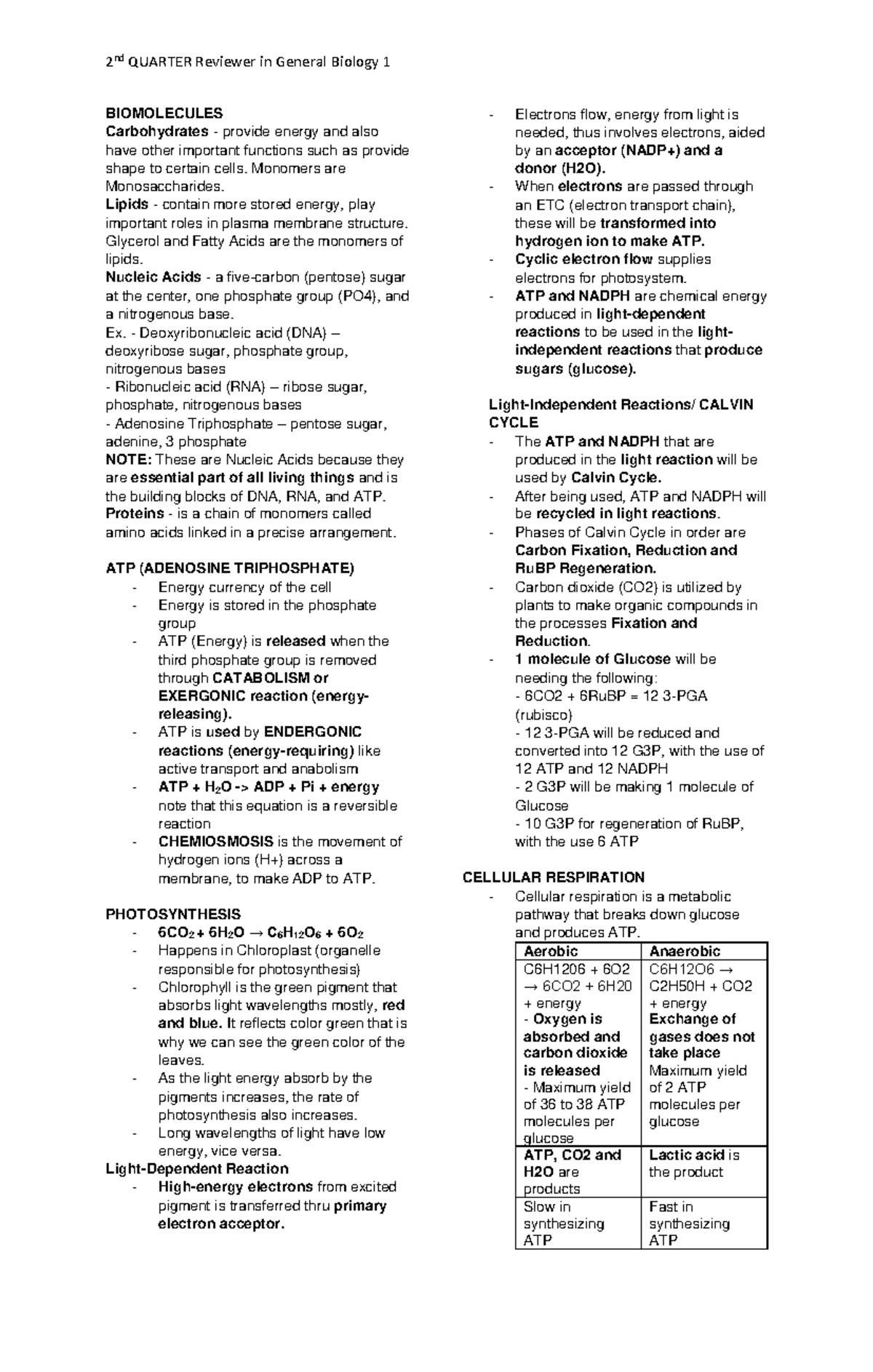 2nd Quarter Reviewer for General Biology 1: Biomolecules & Cellular Respiration - Studocu