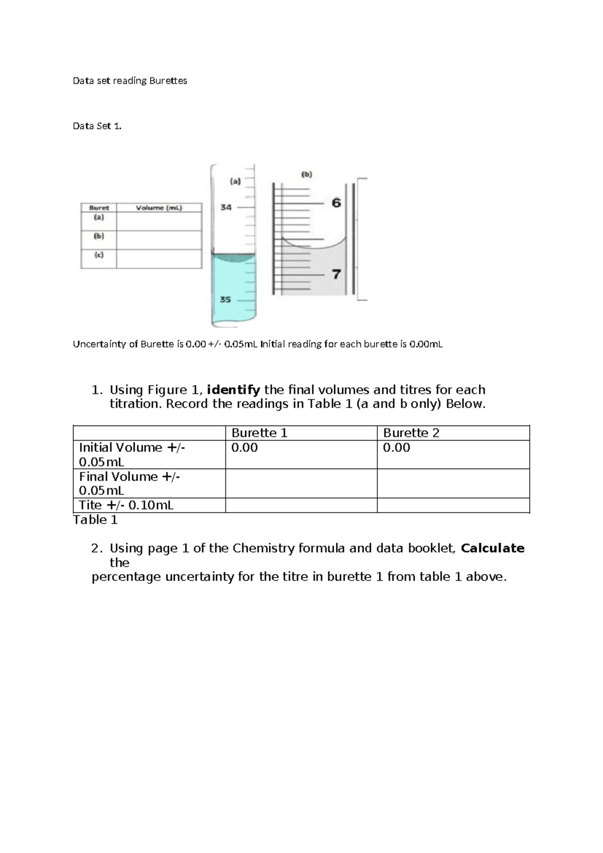 Data Set Titration Burettes: Uncertainty & Calculations - Studocu