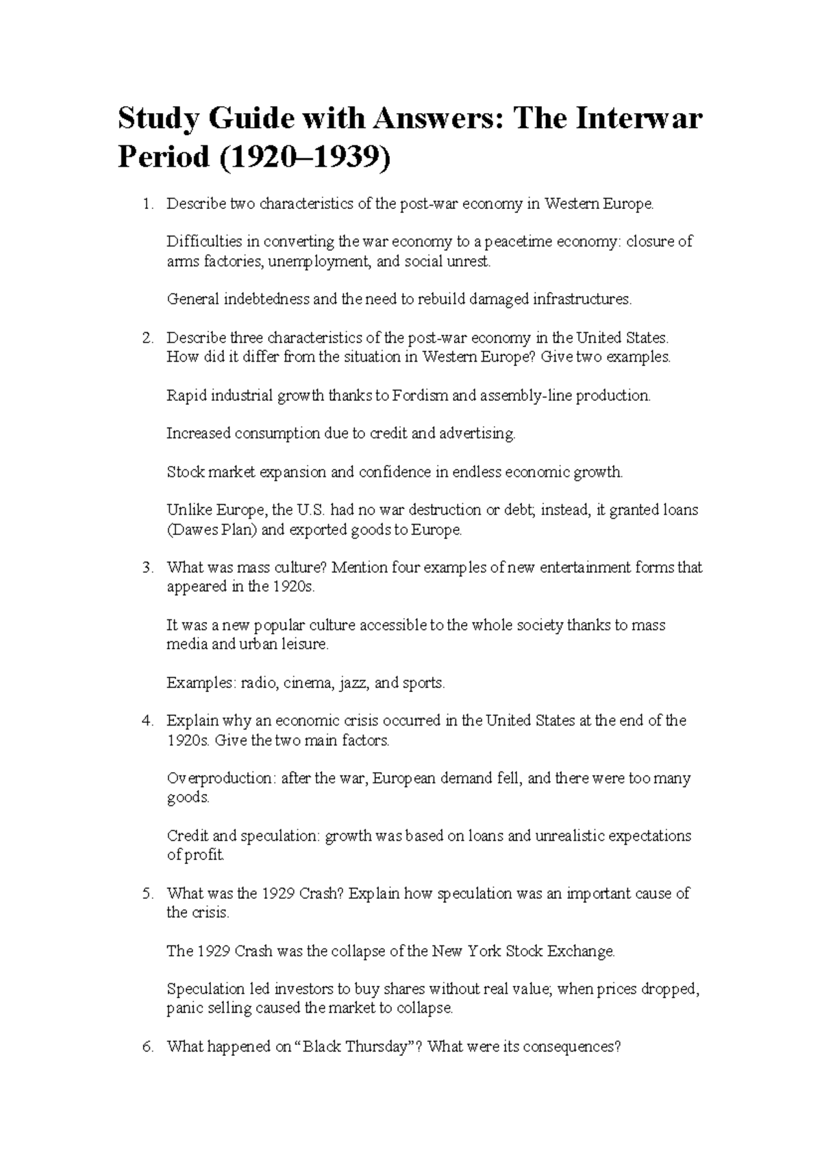 Study Guide: The Interwar Period (HIST 101) - Key Concepts & Answers ...