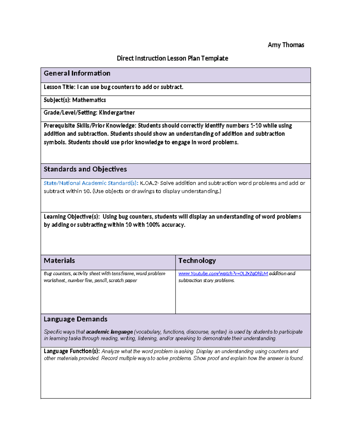 KINDERGARTEN MATH - LESSON PLAN ON ADDITION & SUBTRACTION WITH BUG ...