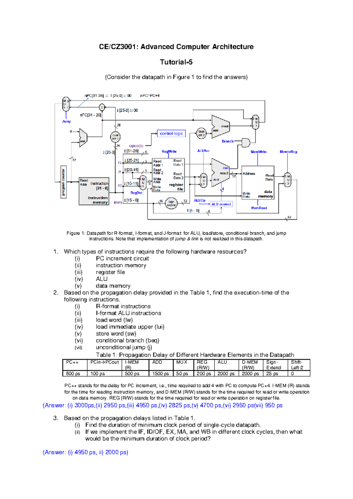 Tutorial 5 - CE/CZ3001: Advanced Computer Architecture Tutorial-5 (Consider the datapath in ...