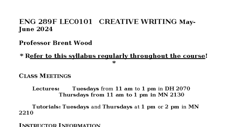 ENG 289F LEC0101 Creative Writing Syllabus May-June 2024 - Studocu