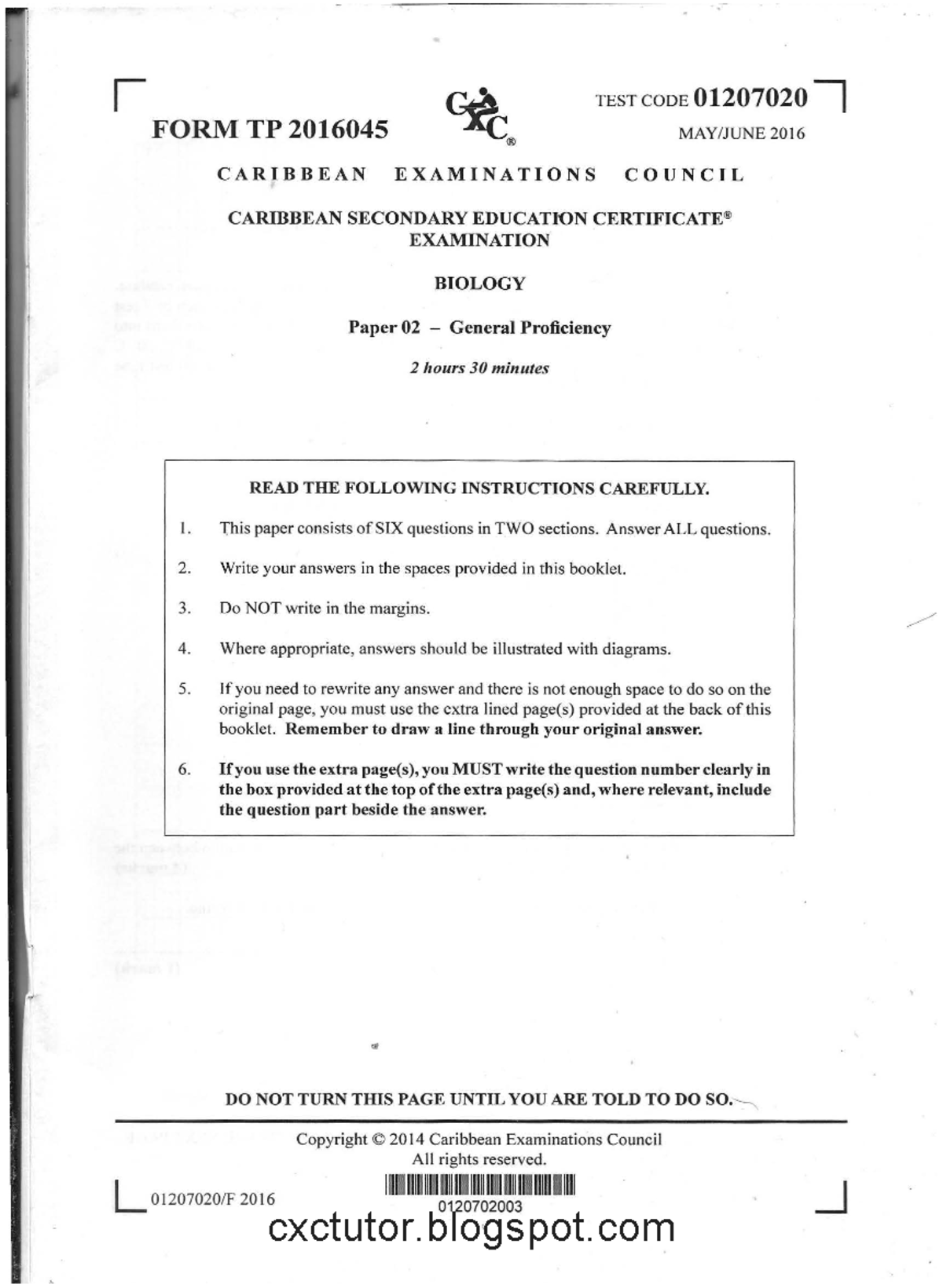Biology Past Paper 2016 - CSEC Exam Paper 02 General Proficiency - Studocu