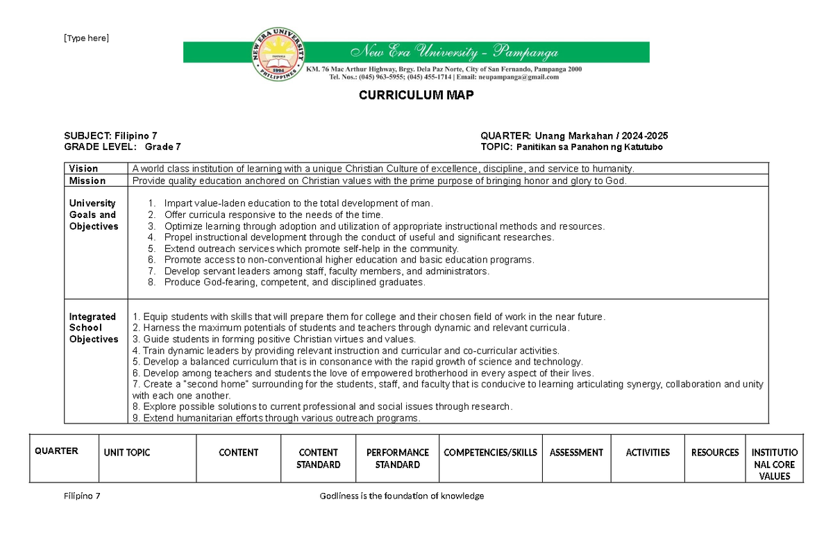 Curriculum MAP: Filipino 7 - Unang Markahan / 2024 - Studocu