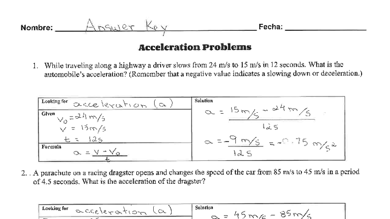 Acceleration Problems Answer Key (Physics 101) - Studocu