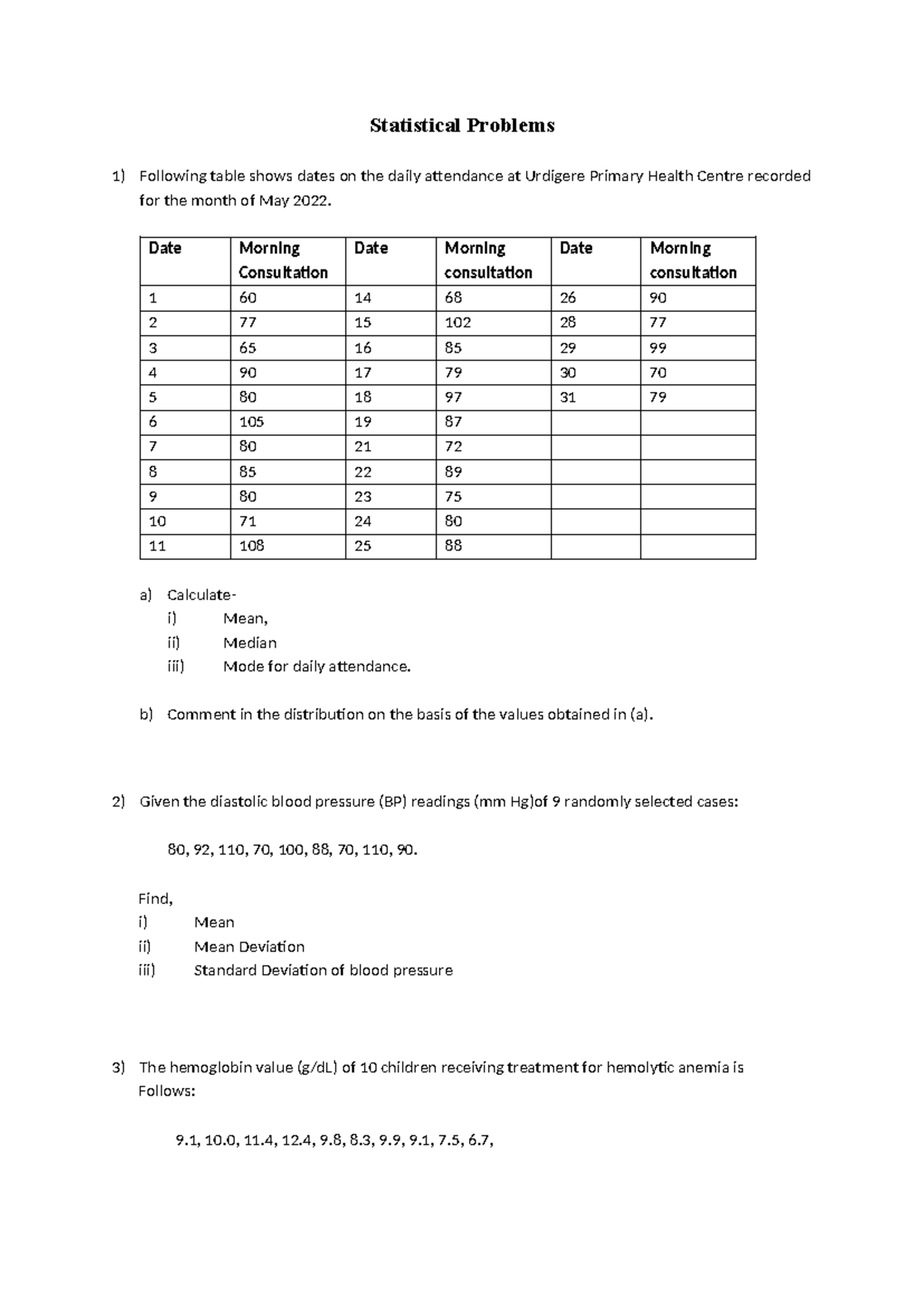 Statistical Problems - Analysis of Health Data (Course Code: STAT101 ...