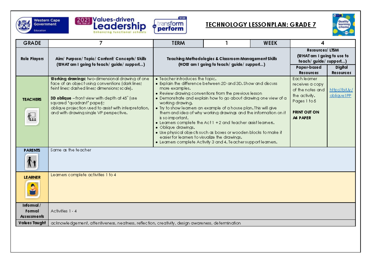 Lesson Plan: Gr 7 Technology T1 W4 - 2D & 3D Drawings - Studocu