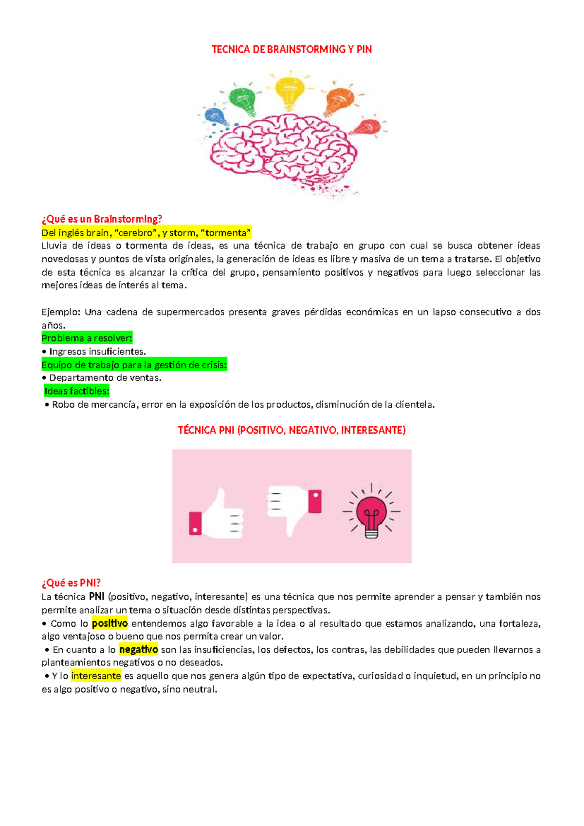 Técnicas de Brainstorming y PNI: Generación de Ideas Creativas - Studocu