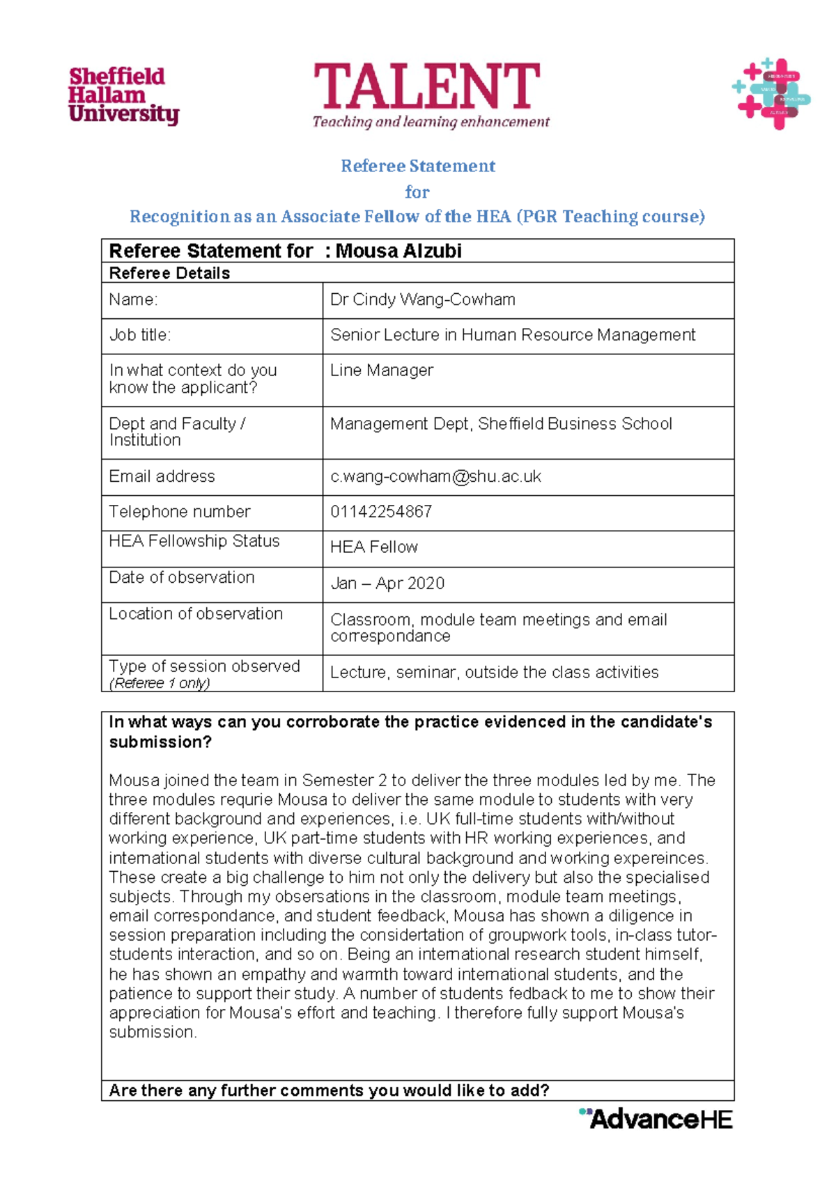 Proforma- Afhea-Referee-Statement PGR - Mousa Reference - Referee ...