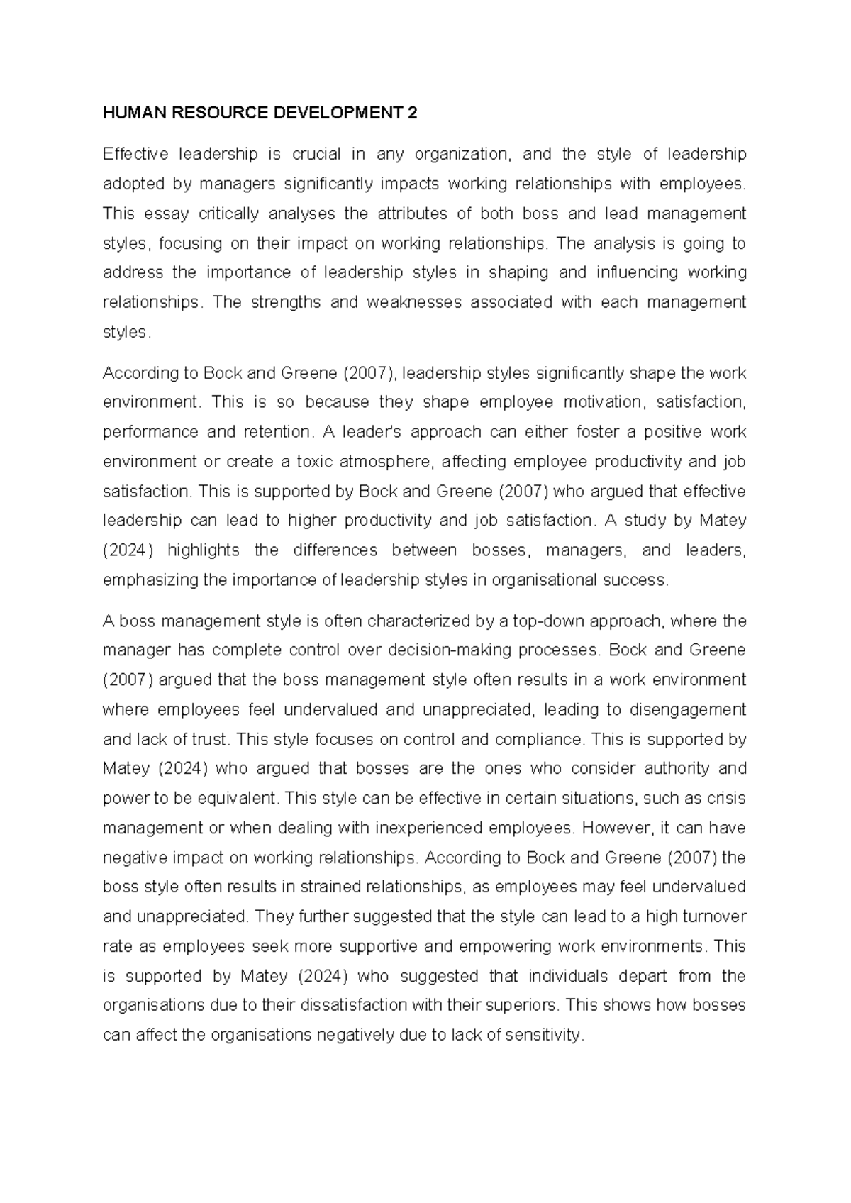 HRD 2 Essay: Analyzing Boss vs. Lead Management Styles - Studocu