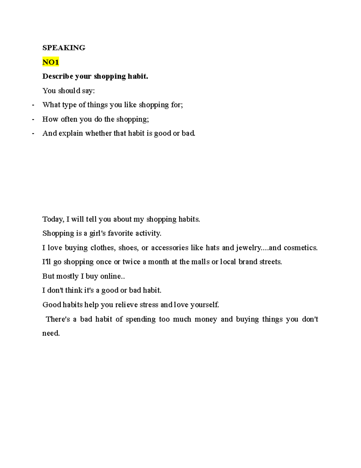 Speaking TA3 - Bài thi nói tiếng Anh 3: Mẫu câu và Ghi chú thi Nói - Studocu