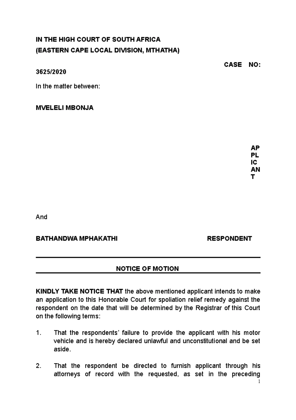 Affidavit in support of bail application - IN THE REGIONAL COURT FOR ...