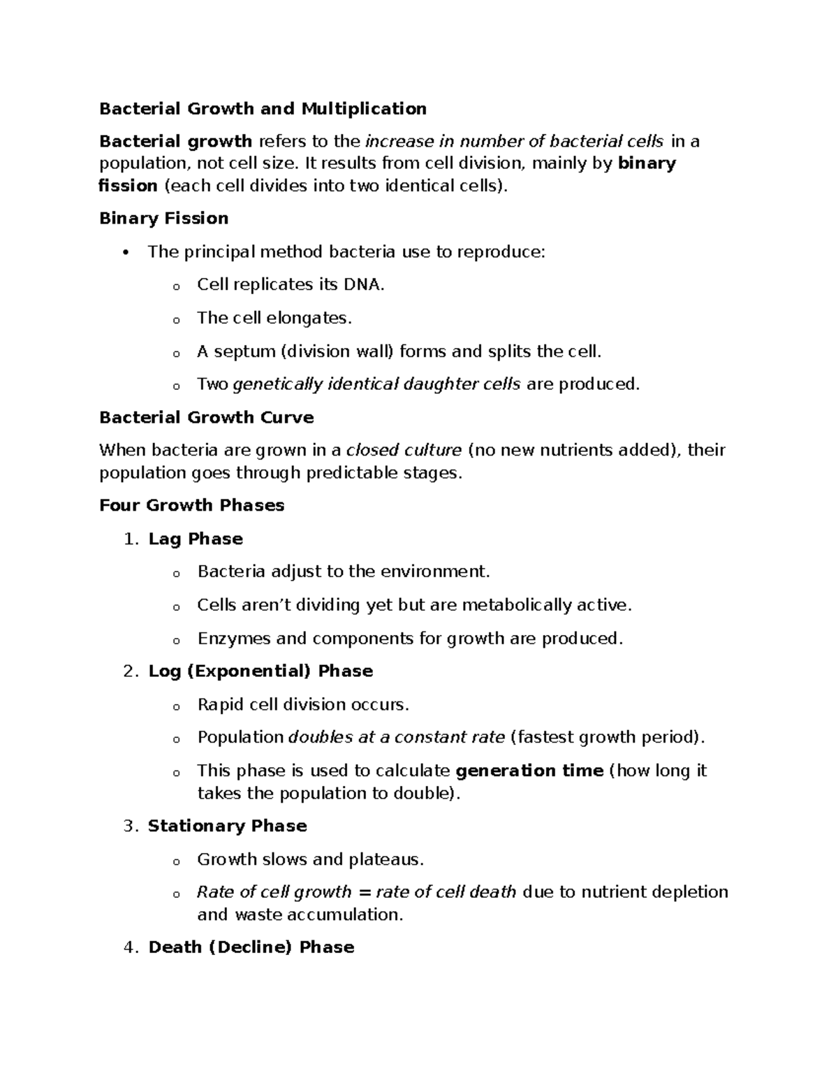 Bacterial Growth & Multiplication: Key Concepts & Phases - Studocu