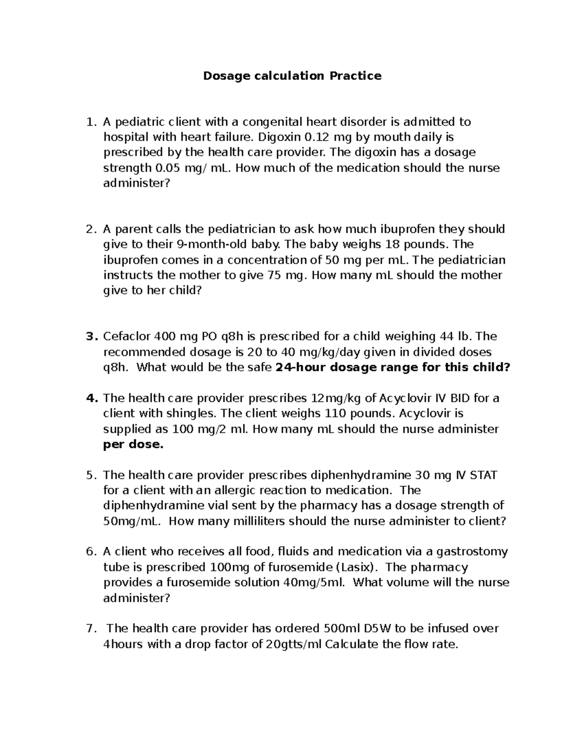 Dosage Calculation Practice 1: Pediatric Medication Dosing - Studocu