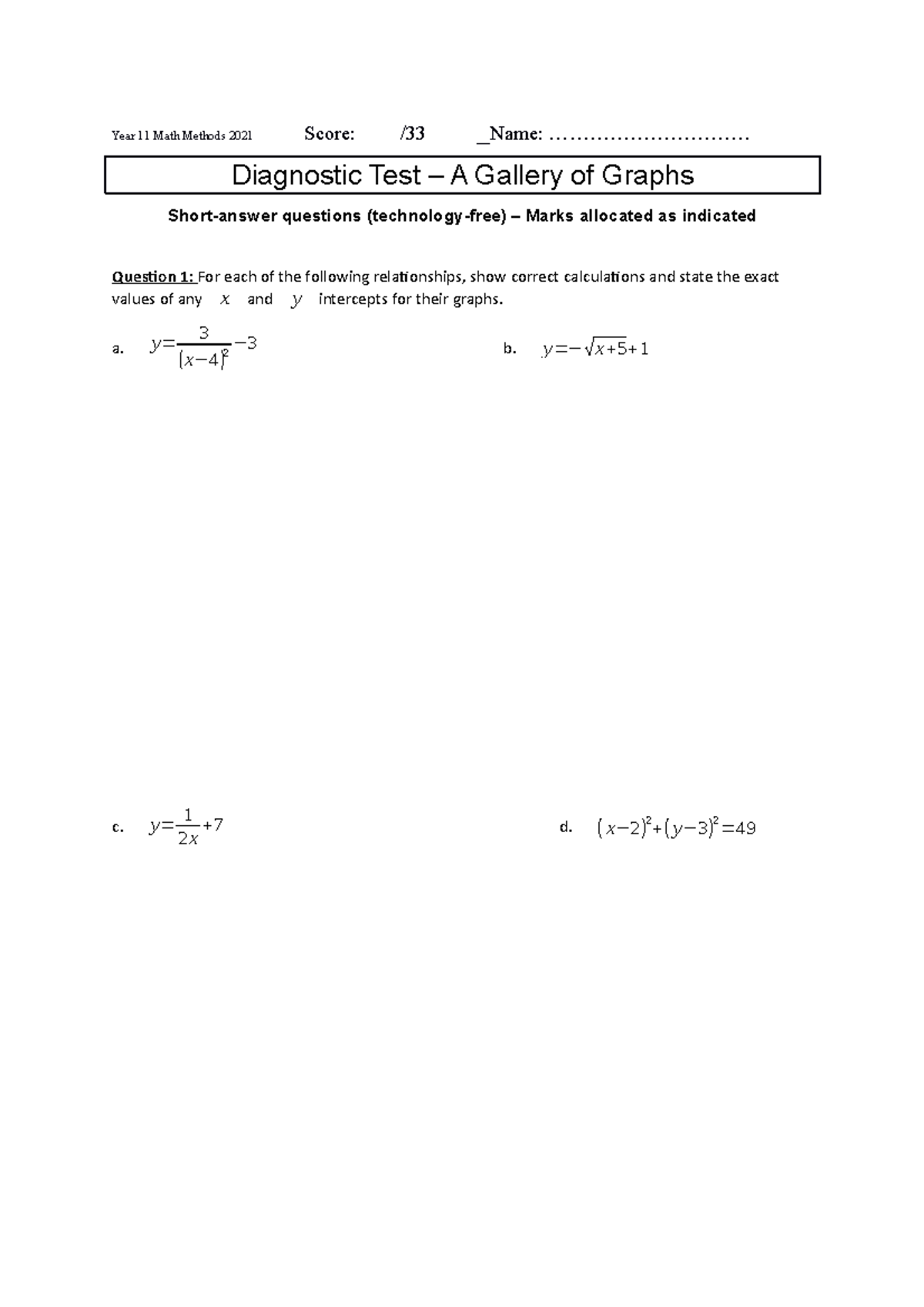 Diagnostic Test - A Gallery of Graphs 2021 - Year 11 Math Methods 2021 ...