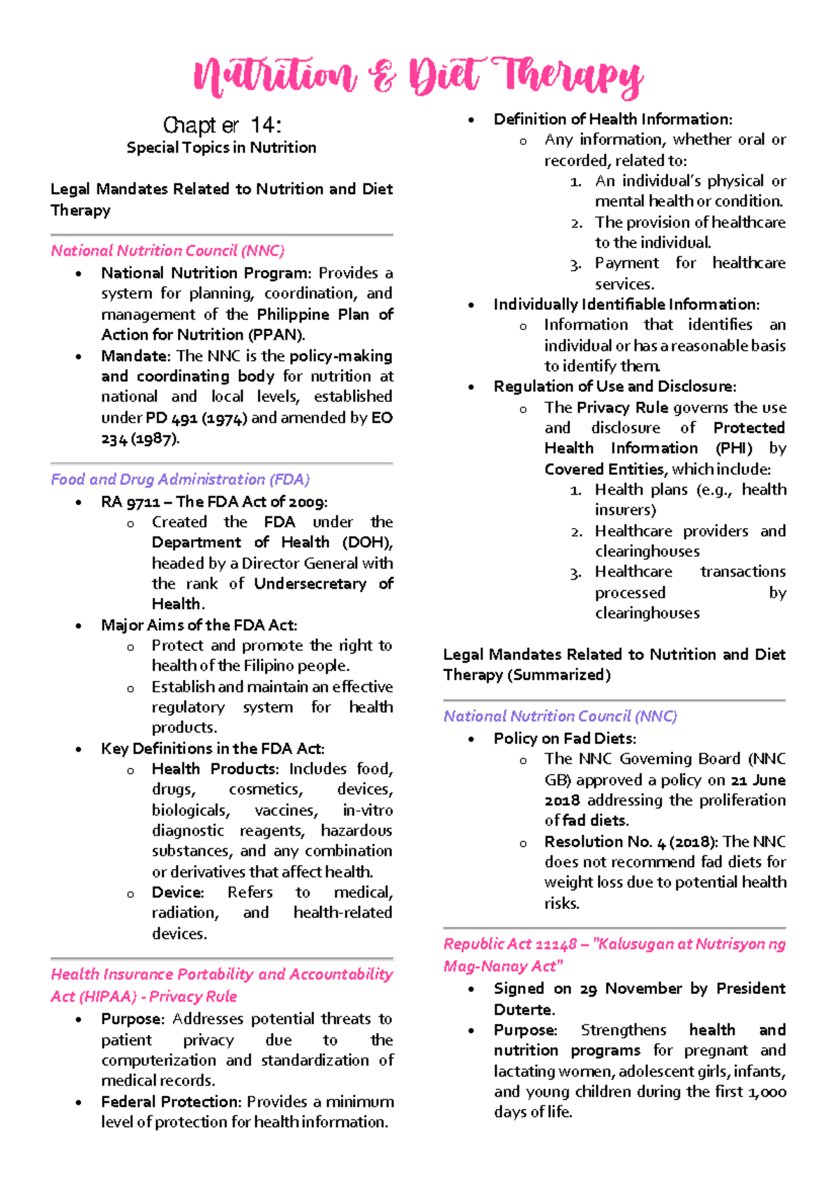 Nutrition Diet Therapy Chapter 14: Legal Mandates and Special Topics ...