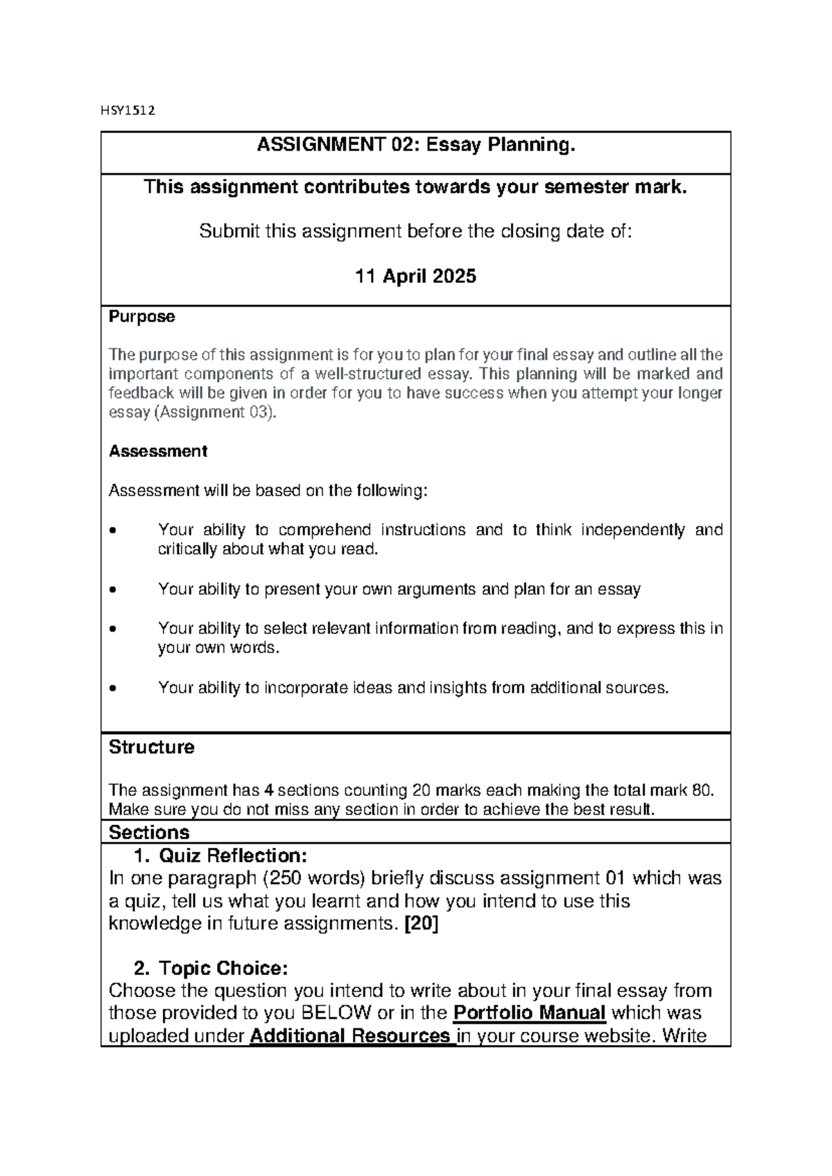HSY1512 Assignment 02: Final Essay Planning & Reflection Guide - Studocu