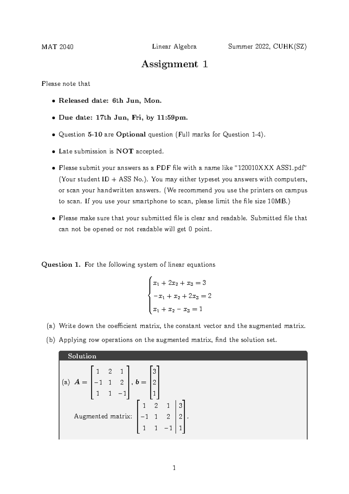 MAT2040 HW1 Solutions - Linear Algebra Assignment 1 Solutions - Studocu