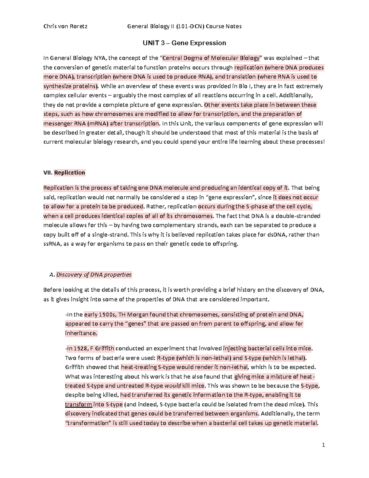 General Biology II (NYA) Unit 3: Gene Expression Overview and ...