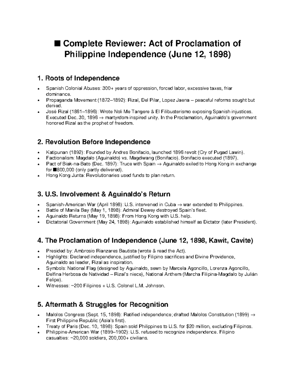 Complete Reviewer: Proclamation of Philippine Independence (June 12 ...