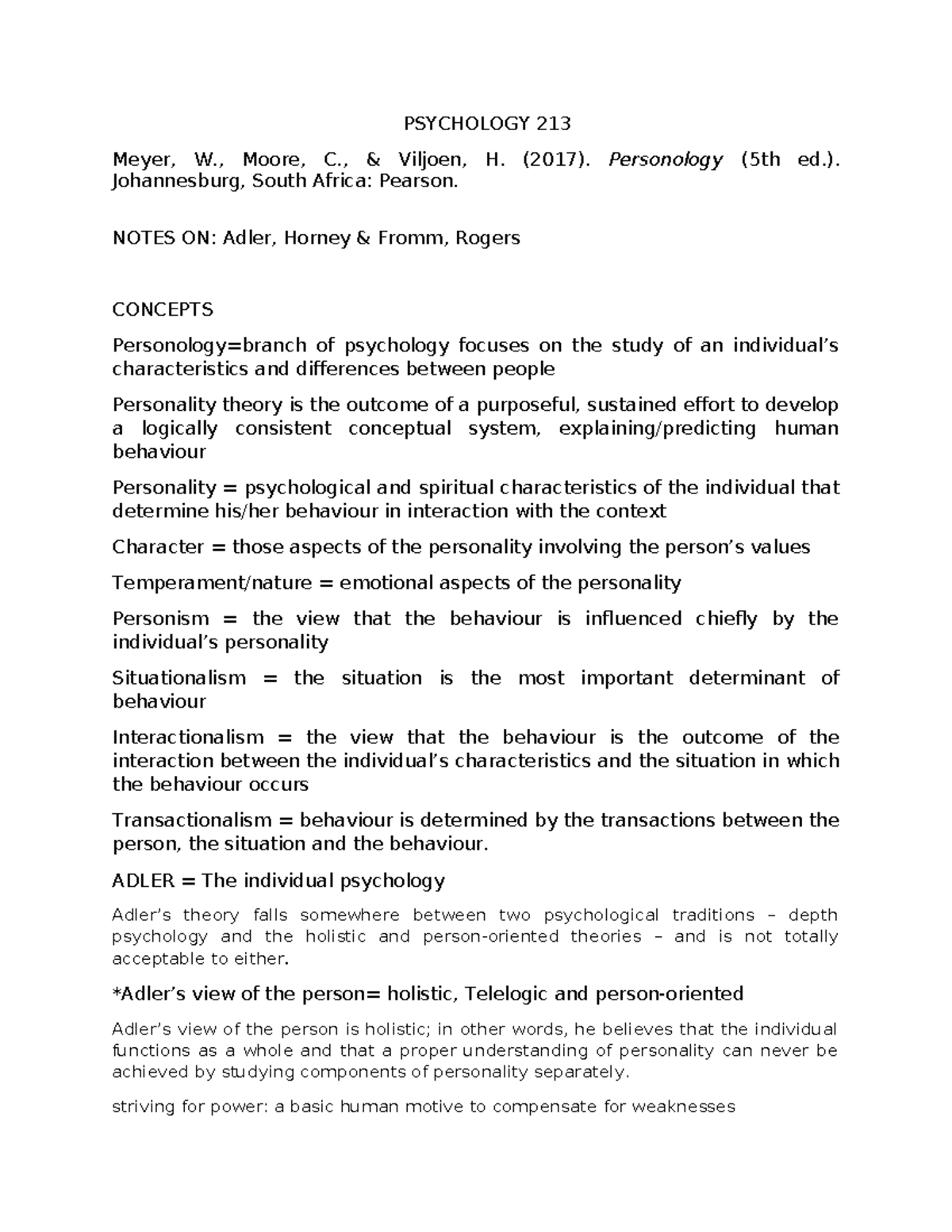PSYCH 213 - Key Concepts and Theories in Personology Summary - Studocu