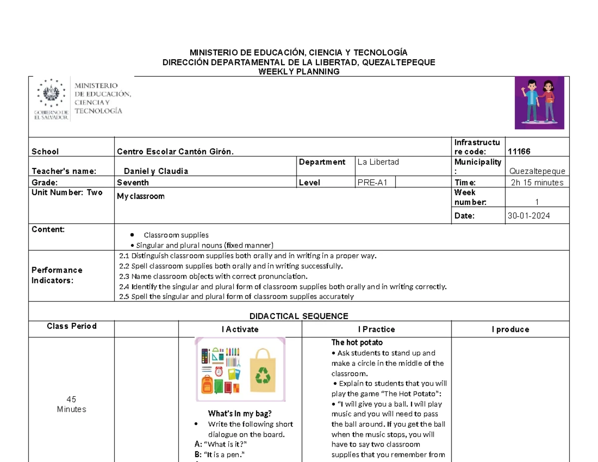 Unit 1 Week 2 - Lesson Plan for 7th-9th Grade PRE-A1 English - Studocu