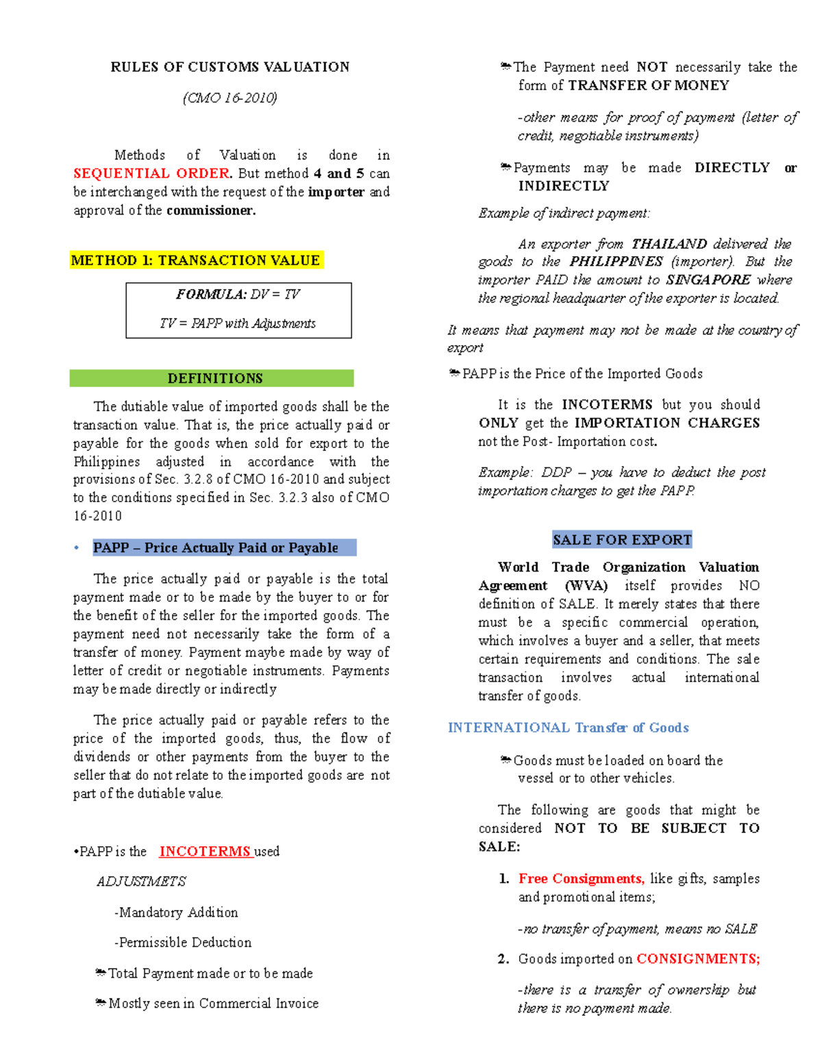 CAD 210 Customs Valuation Methods: Outline of Methods 1-6 - Studocu